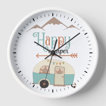 Happy Camper Cute Retro RV Wall Clock | Zazzle