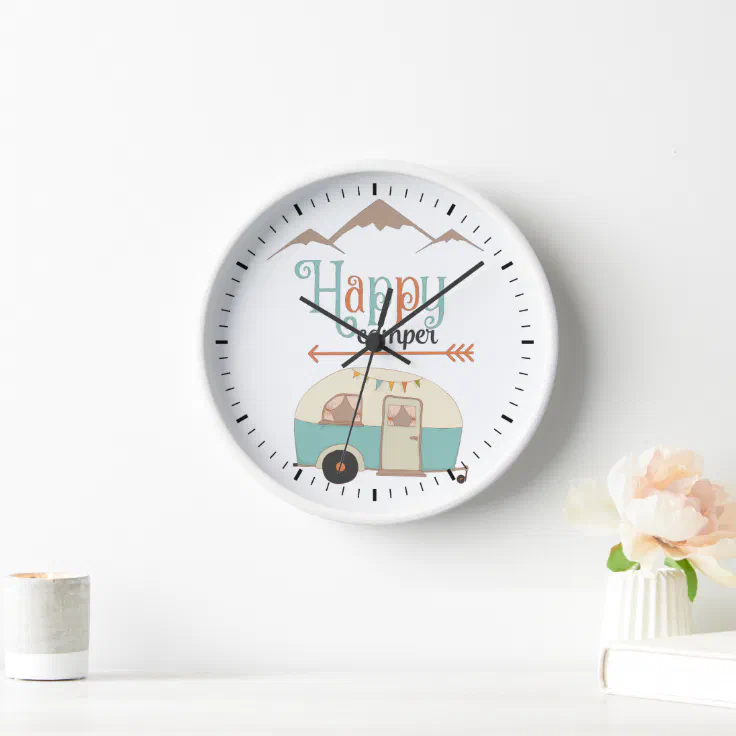 Happy Camper Cute Retro RV Wall Clock | Zazzle