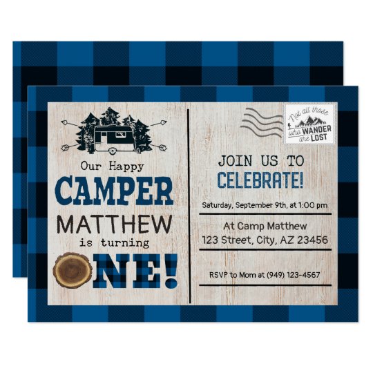 Happy Camper Lumberjack Flannel First Birthday Invitation | Zazzle.com