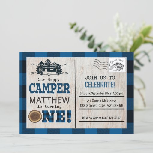 Happy Camper Lumberjack Flannel First Birthday Invitation | Zazzle