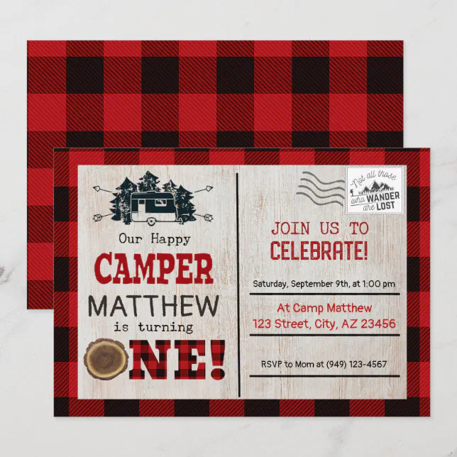 Happy Camper Lumberjack Flannel First Birthday Invitation | Zazzle