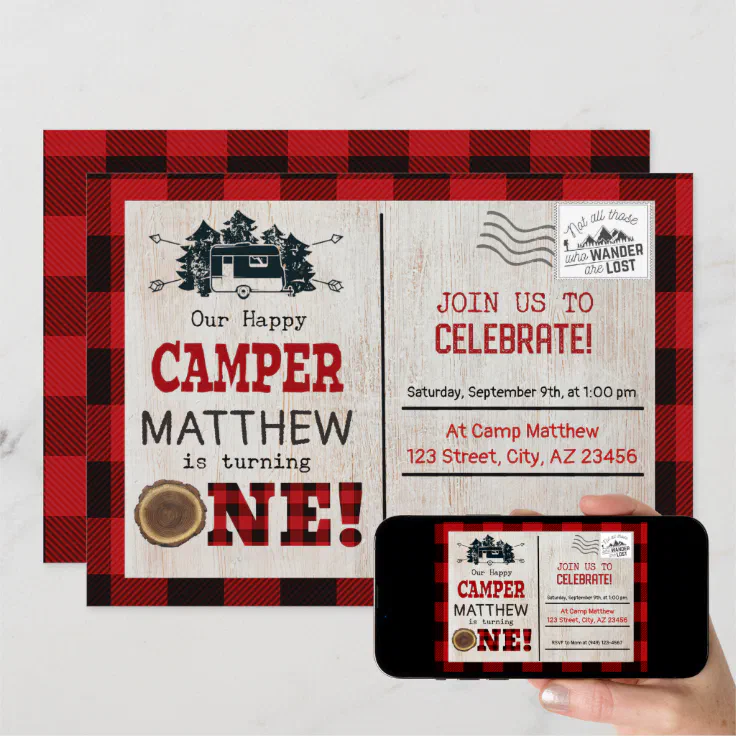 Happy Camper Lumberjack Flannel First Birthday Invitation | Zazzle