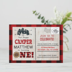 Happy Camper Lumberjack Flannel First Birthday Invitation | Zazzle