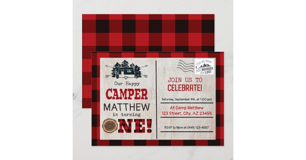 Happy Camper Lumberjack Flannel First Birthday Invitation | Zazzle