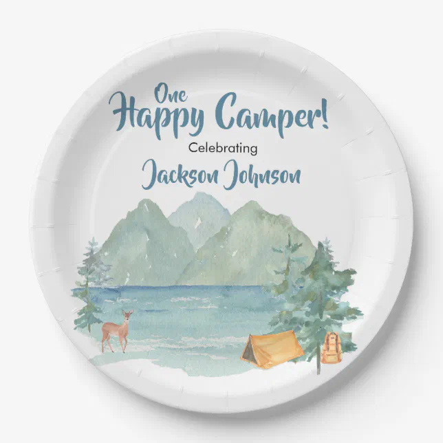 Happy Camper Rustic Mountains Watercolor Birthday Paper Plates | Zazzle