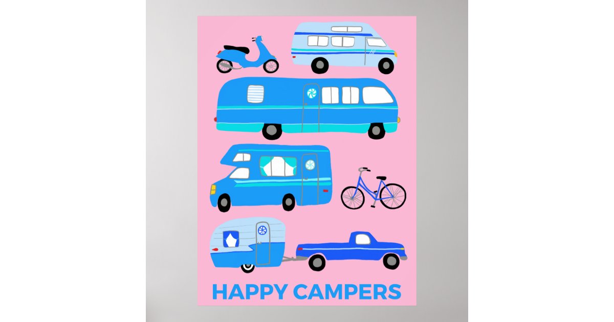 HAPPY CAMPERS! Campervan Vanlife RV Trailer Pink Poster | Zazzle