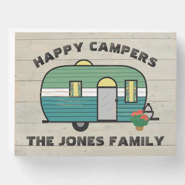 Happy Campers Custom Text Whimsical Retro Wooden Box Sign | Zazzle