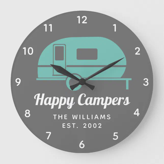 Happy Campers Gray Teal Camping Large Clock | Zazzle
