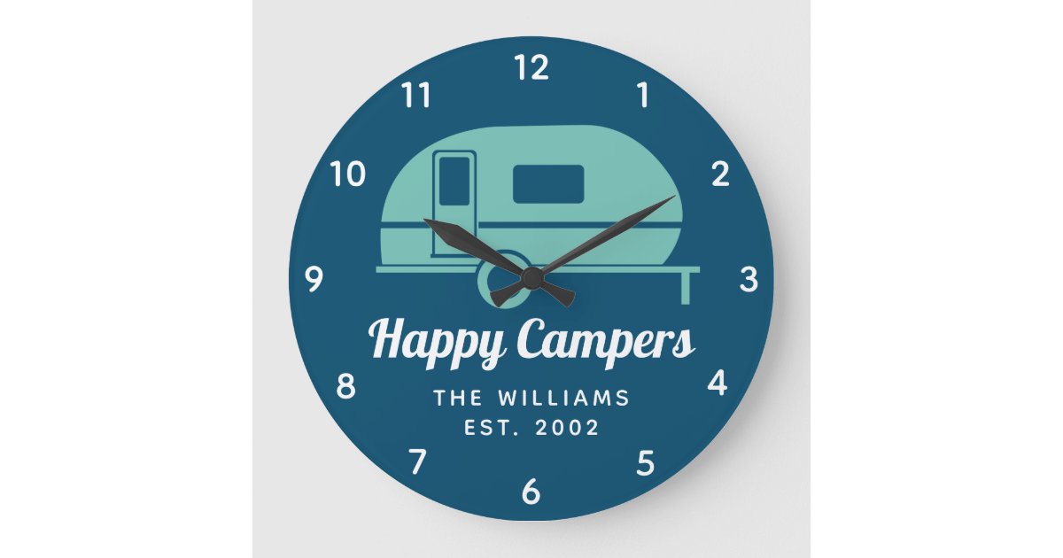 Happy Campers Navy Teal Camping Large Clock | Zazzle