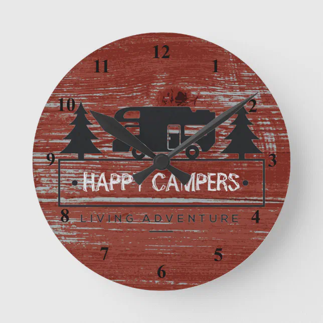 Happy Campers | Red Rustic Barn Wood RV Camping Round Clock | Zazzle