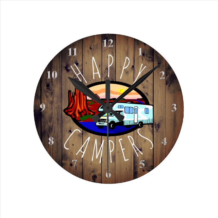 Happy Campers Retirement RV Camping Rustic Wood Round Clock | Zazzle