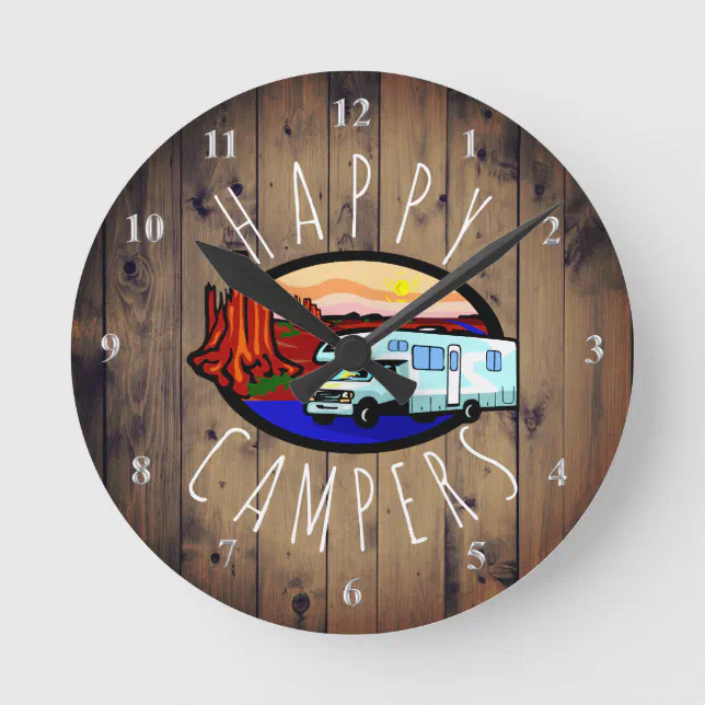 Happy Campers Retirement RV Camping Rustic Wood Round Clock | Zazzle