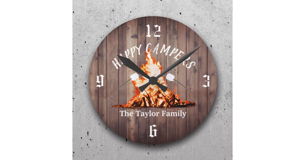 Happy Campers Rustic Bonfire Camping Family Name Round Clock | Zazzle