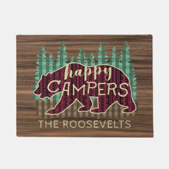 Happy campers rustic wood bear camping custom doormat | Zazzle.com