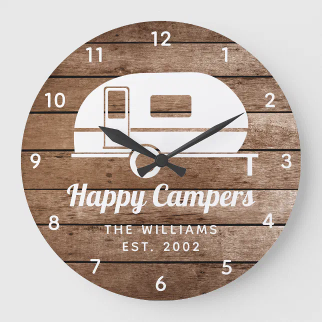 Happy Campers Rustic Wood Camping Large Clock | Zazzle