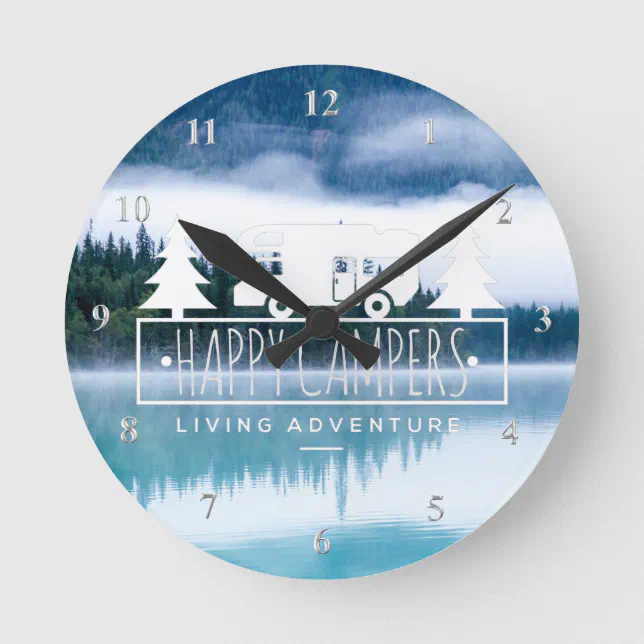 Happy Campers RV Camping | Lake House Pine Trees Round Clock | Zazzle
