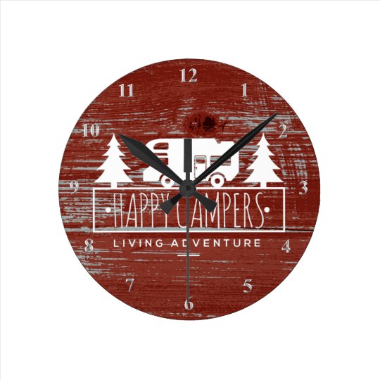 Happy Campers RV Camping | Red Rustic Barn Wood Round Clock | Zazzle.com