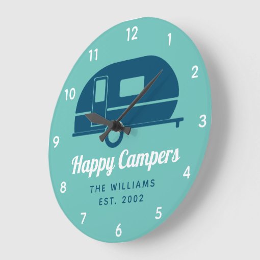 Happy Campers Teal Navy Camping Large Clock | Zazzle