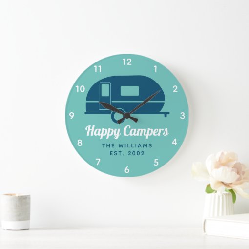 Happy Campers Teal Navy Camping Large Clock | Zazzle
