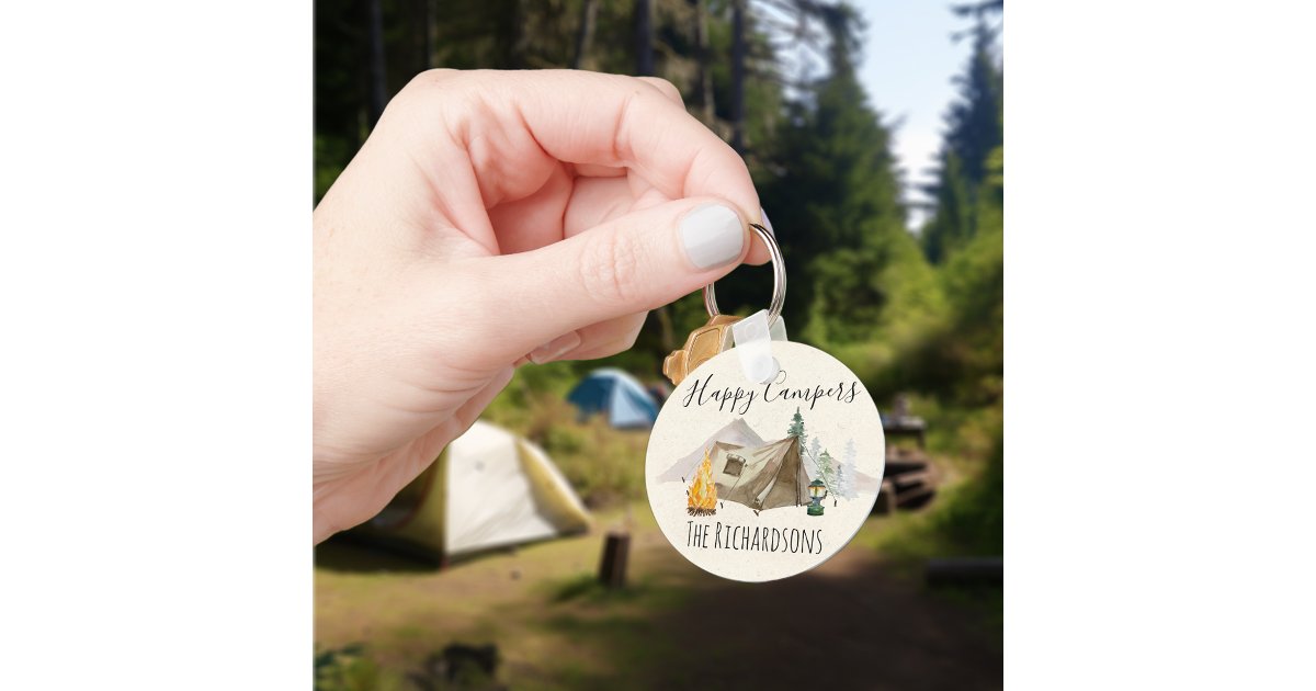 Happy Campers Watercolor Personalize Camp Tent Keychain | Zazzle