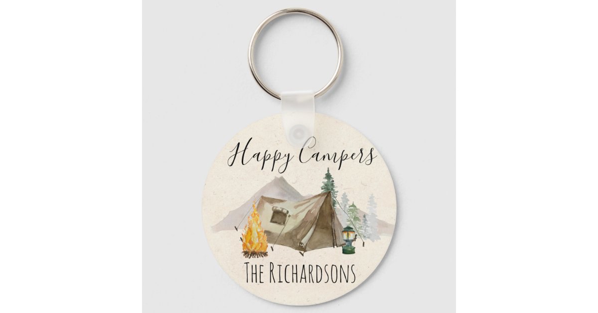 Happy Campers Watercolor Personalize Camp Tent Keychain | Zazzle