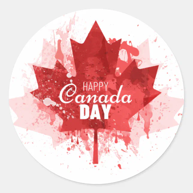 Happy Canada Day Maple Leaf paint splatter Classic Round Sticker | Zazzle