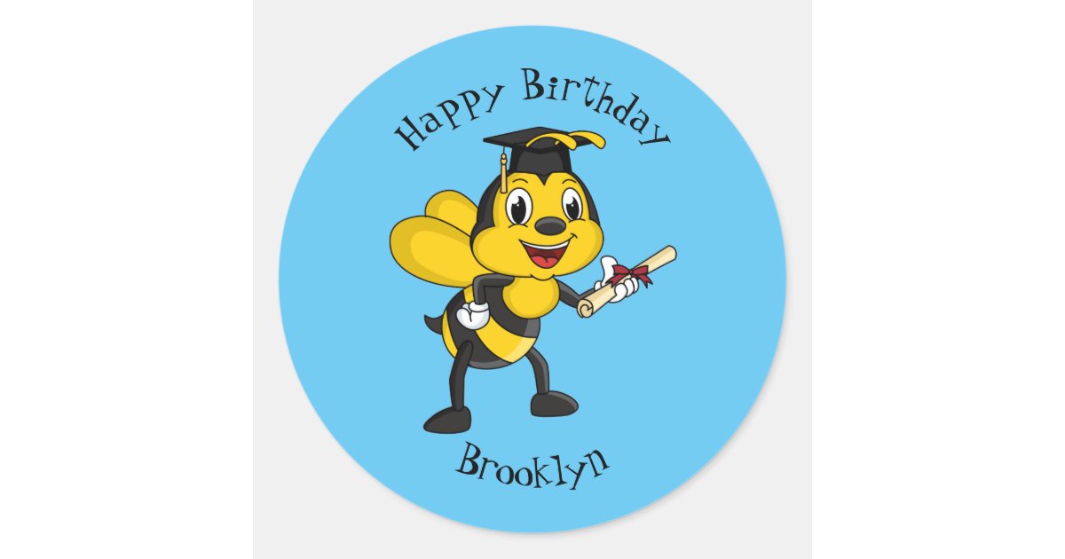 Happy cartoon bee graduation classic round sticker | Zazzle