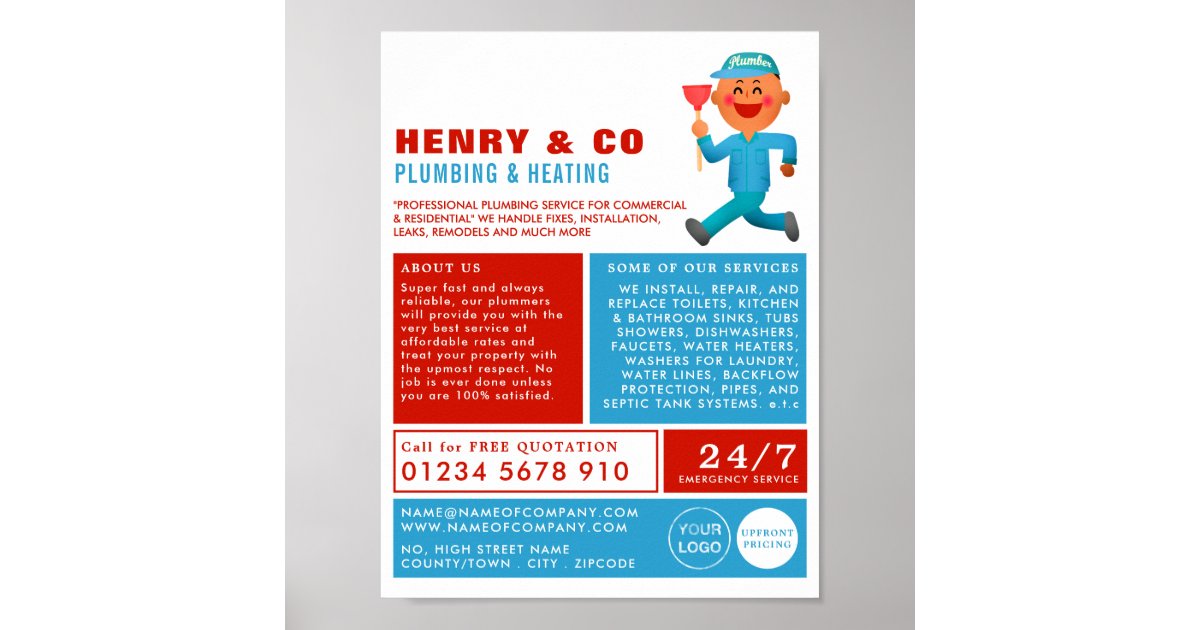 Happy Cartoon Plumber, Plumber, Plumbing Advert Poster | Zazzle