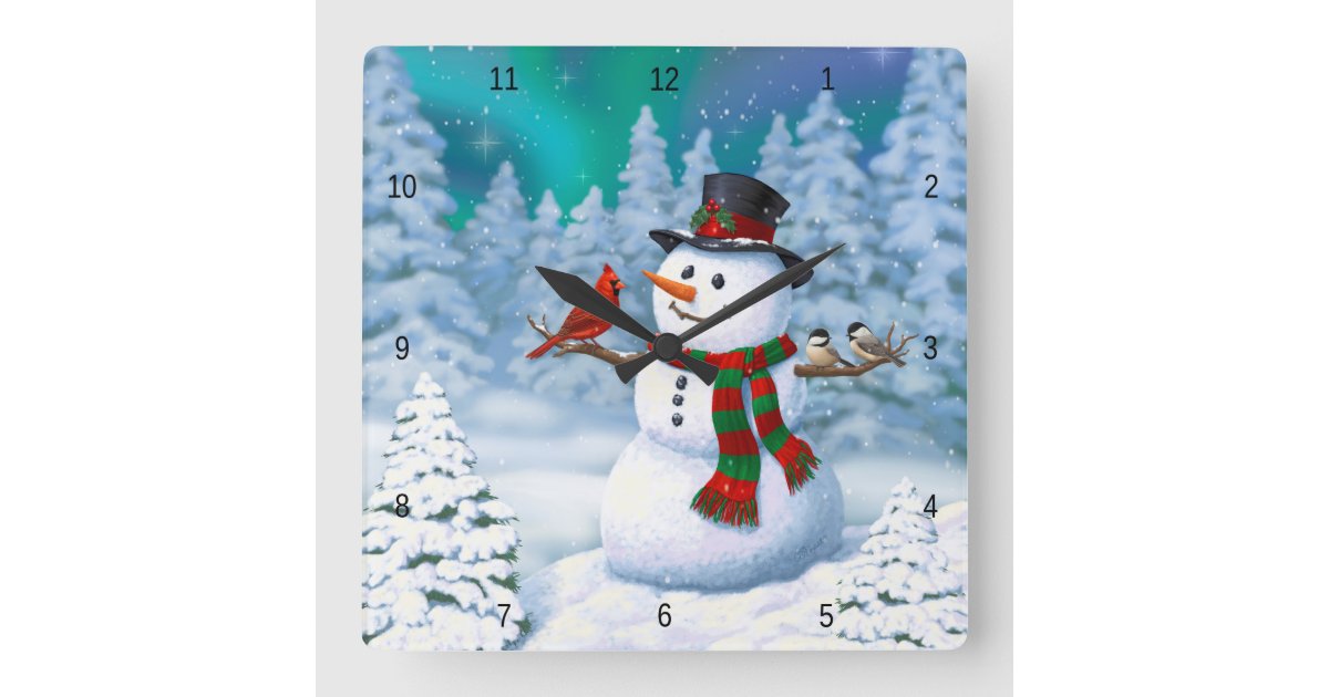 Happy Christmas Snowman & Birds Winter Scene Square Wall Clock | Zazzle