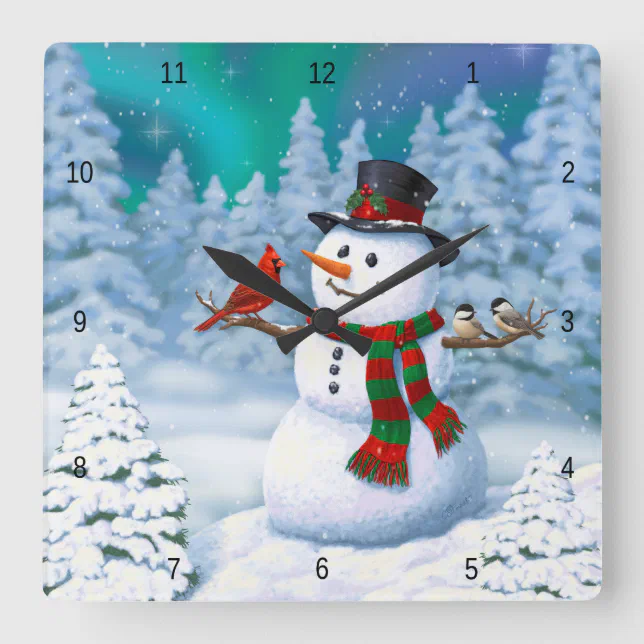 Happy Christmas Snowman & Birds Winter Scene Square Wall Clock | Zazzle