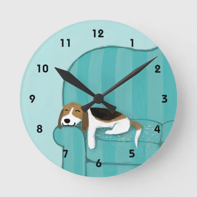 Happy Couch Beagle - Cute Puppy Dog Design Round Clock | Zazzle