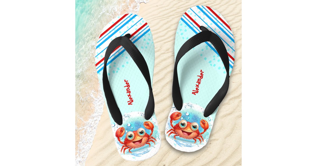 Happy Crab Boy Beach Name Kids Flip Flops | Zazzle