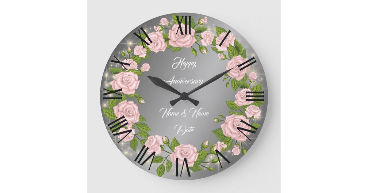 Happy Customize Silver Rose Anniversary Large Clock | Zazzle