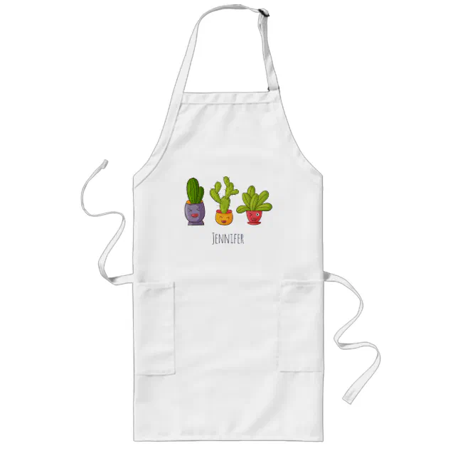 Happy Cute Cactus in Flower Pots Fun Illustration Long Apron | Zazzle