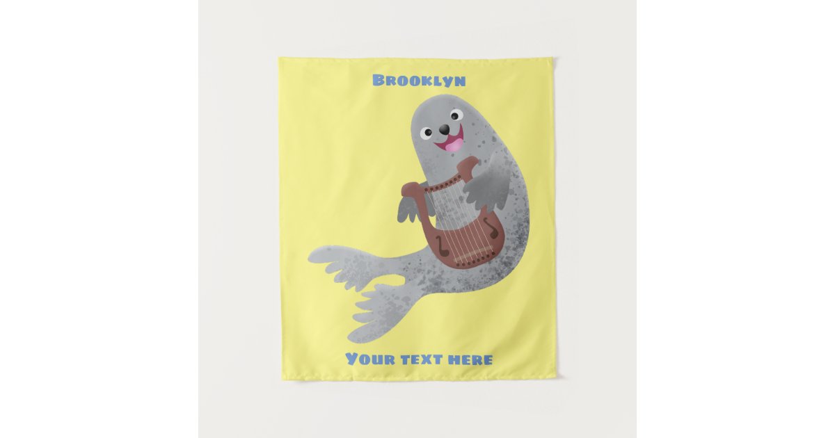 Happy cute harp seal cartoon illustration tapestry | Zazzle
