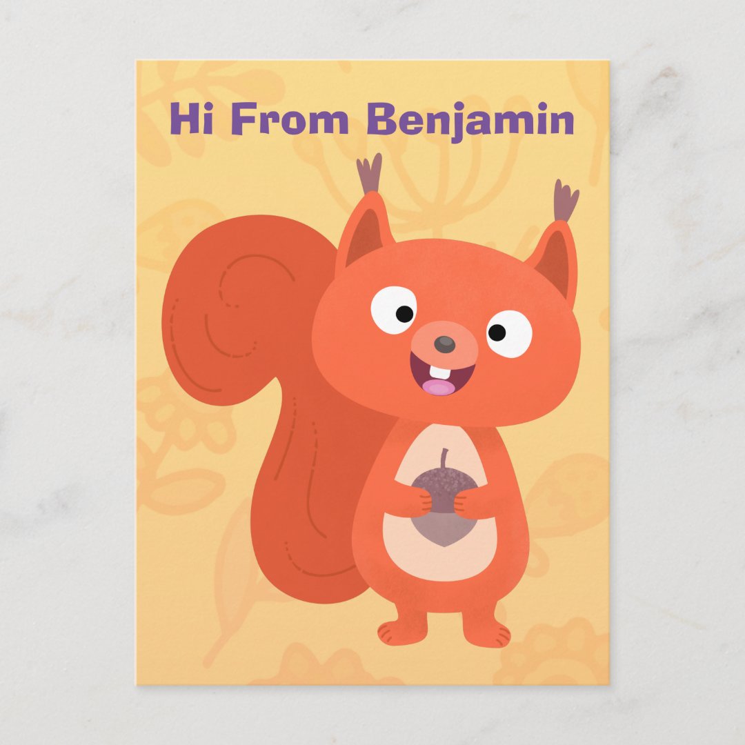 Happy cute red squirrel cartoon illustration postcard | Zazzle