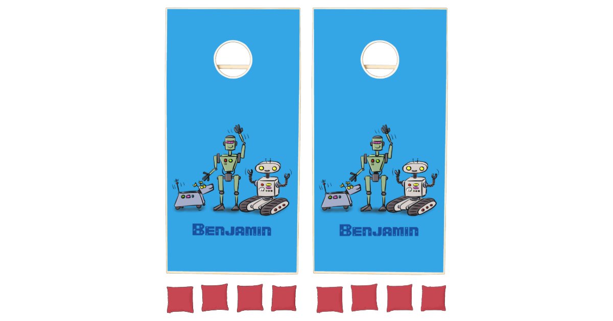 Happy cute robots trio cartoon cornhole set | Zazzle