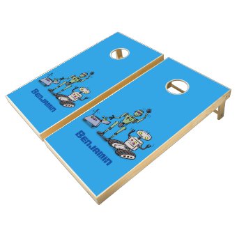 Happy cute robots trio cartoon cornhole set | Zazzle