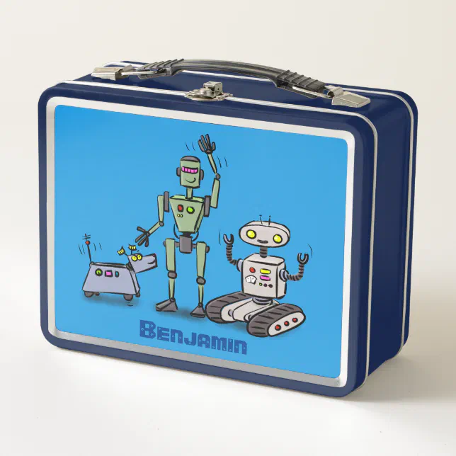 Happy cute robots trio cartoon metal lunch box | Zazzle