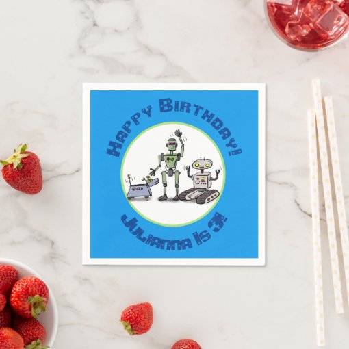 Happy cute robots trio cartoon napkins | Zazzle