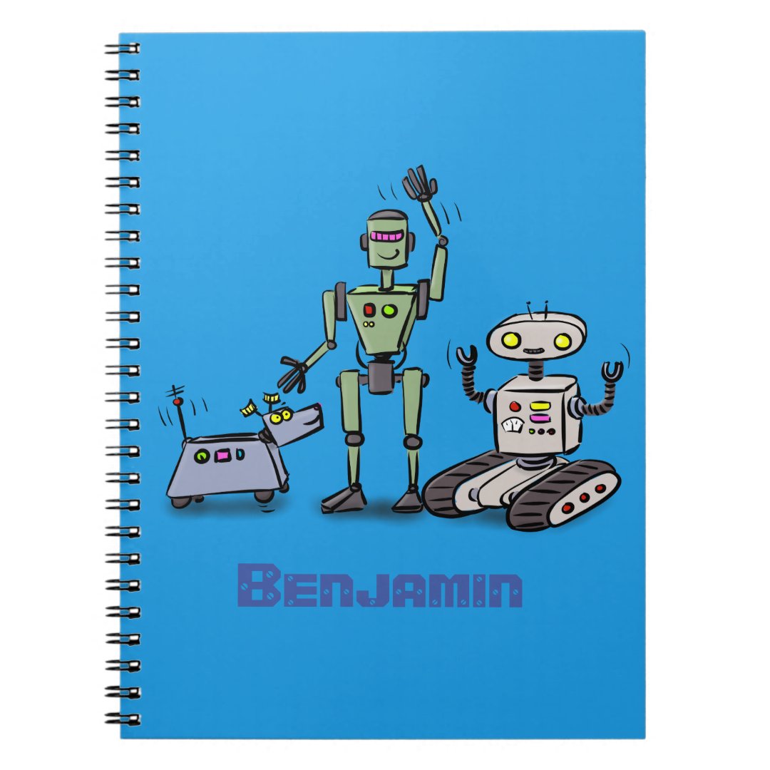 Happy cute robots trio cartoon notebook | Zazzle