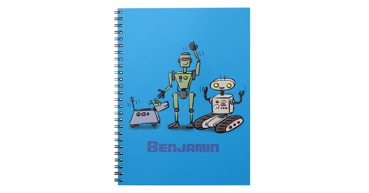 Happy cute robots trio cartoon notebook | Zazzle