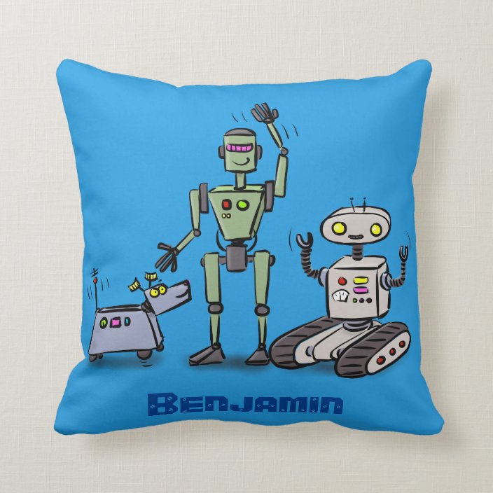 Happy cute robots trio cartoon throw pillow | Zazzle.com