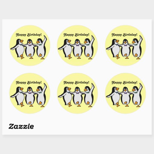 Happy Dancing Penguins Birthday Party Classic Round Sticker | Zazzle