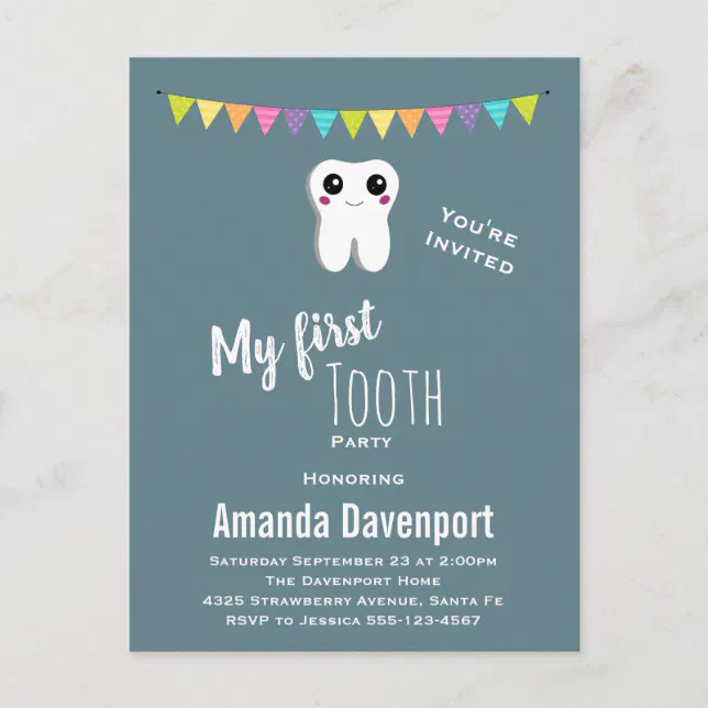 Happy Dental Tooth Smiling My First Tooth Party Invitation Postcard ...