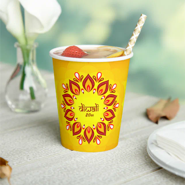 Happy Diwali Add Year Yellow Red Paper Cups | Zazzle