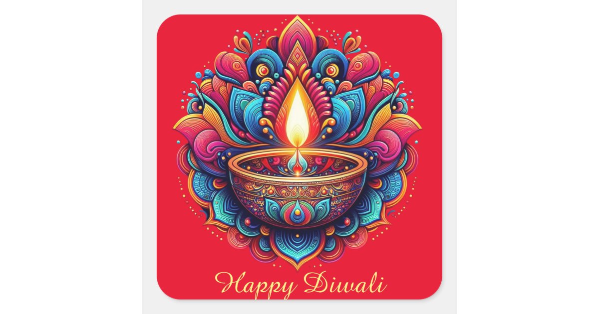 Happy Diwali Colorful Diya Festival of Light Red Square Sticker | Zazzle