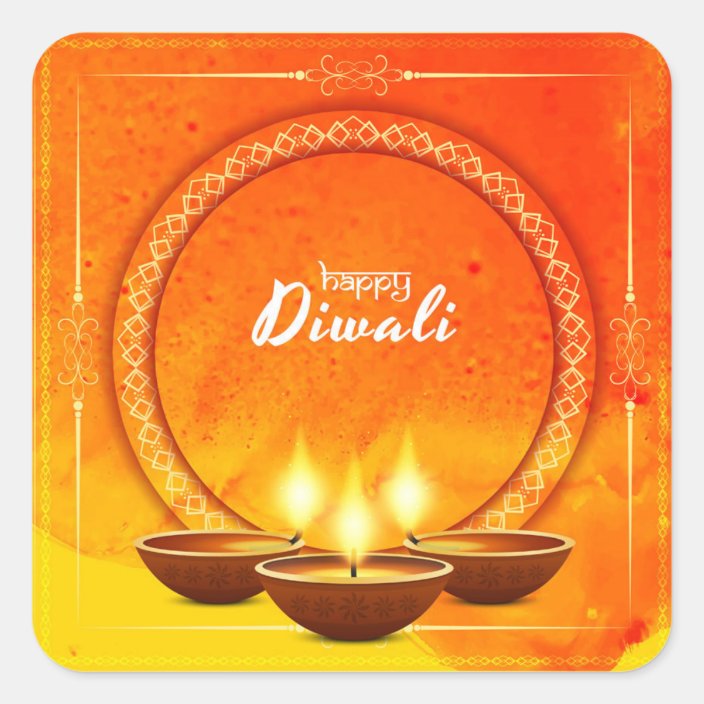 Happy Diwali Diya Yellow Orange Greeting Square Sticker | Zazzle.com