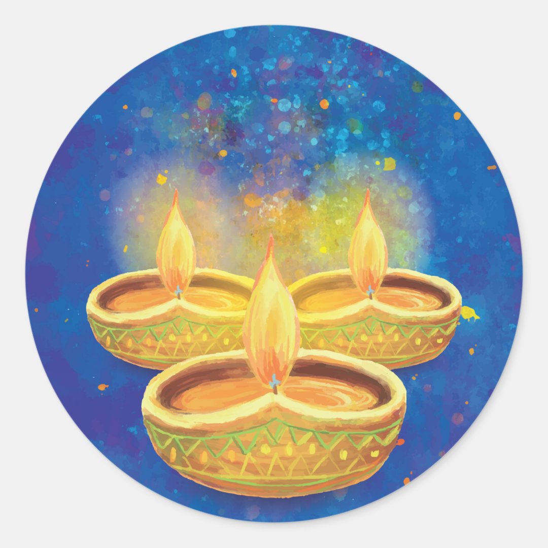 Happy Diwali hand painted illuminating candles Classic Round Sticker ...
