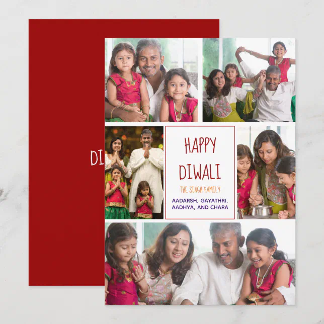 Happy Diwali Modern Photo Collage Red Holiday Card | Zazzle
